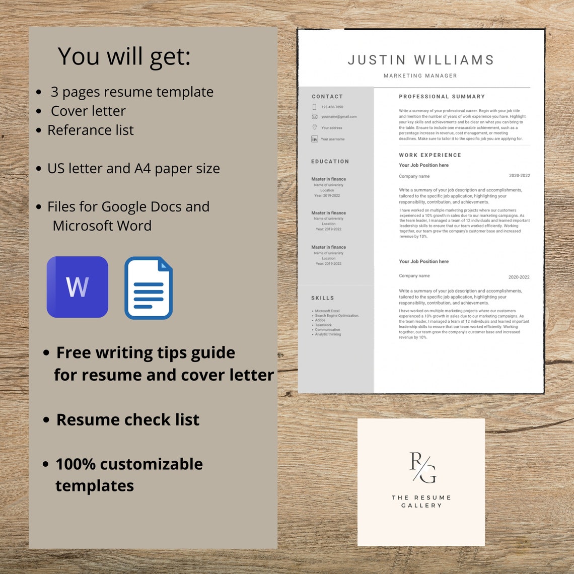 Professional Resume Template for Google Docs and Microsoft Word, Modern ...