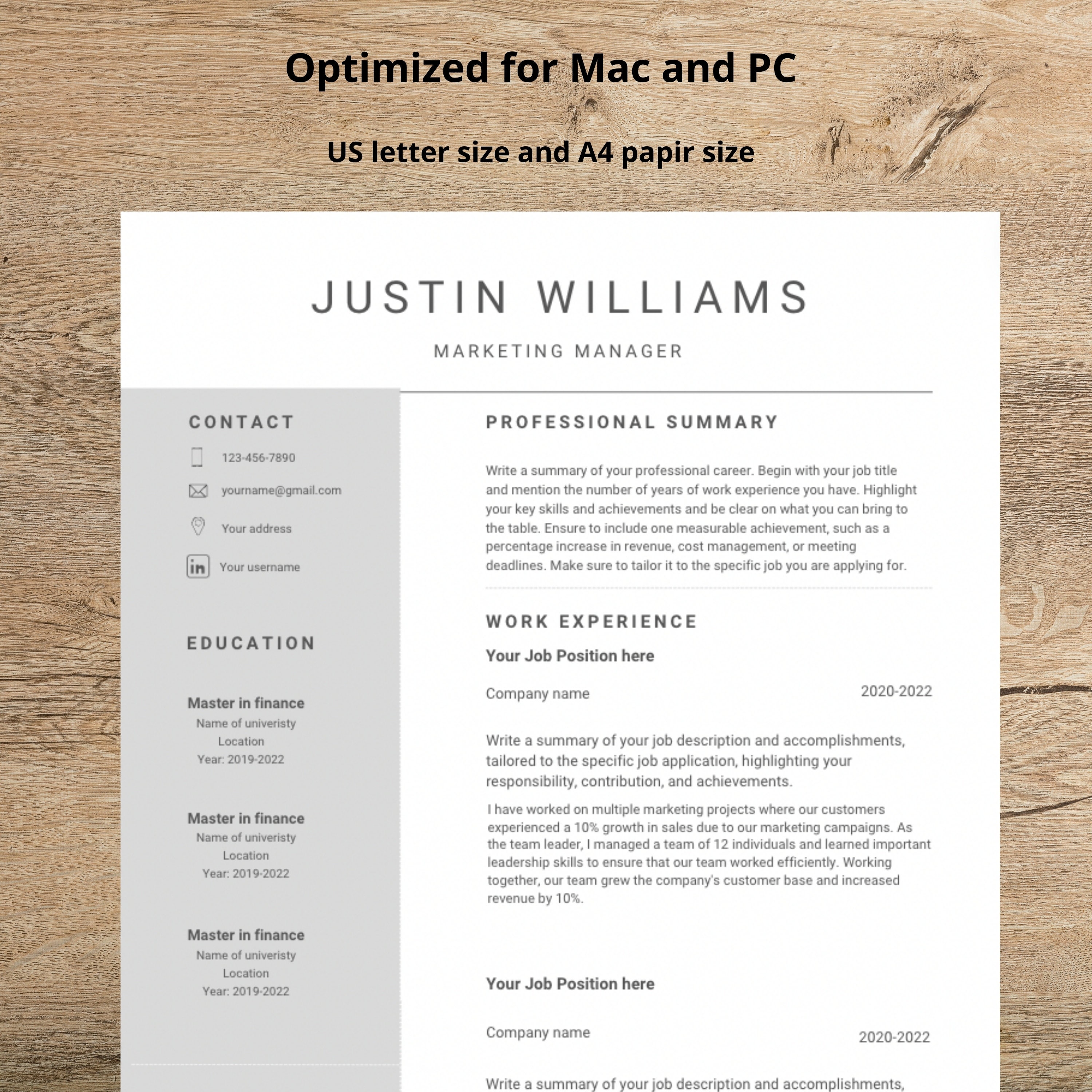 Professional Resume Template for Google Docs and Microsoft Word, Modern ...