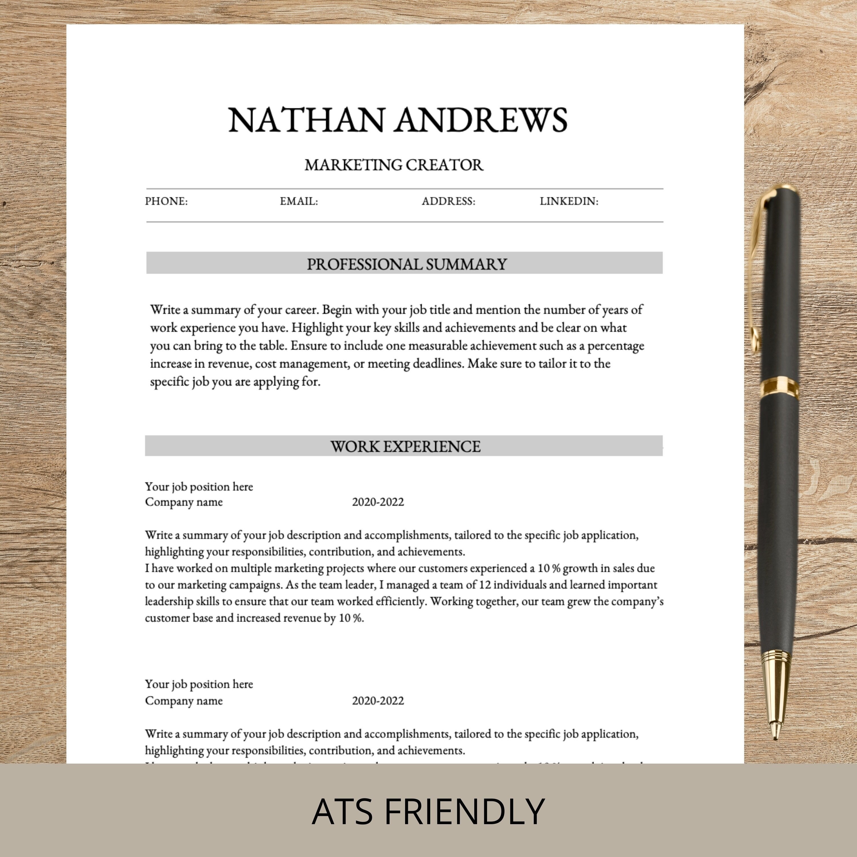 ATS Resume Template for Google Docs & Microsoft Word, ATS Resume ...
