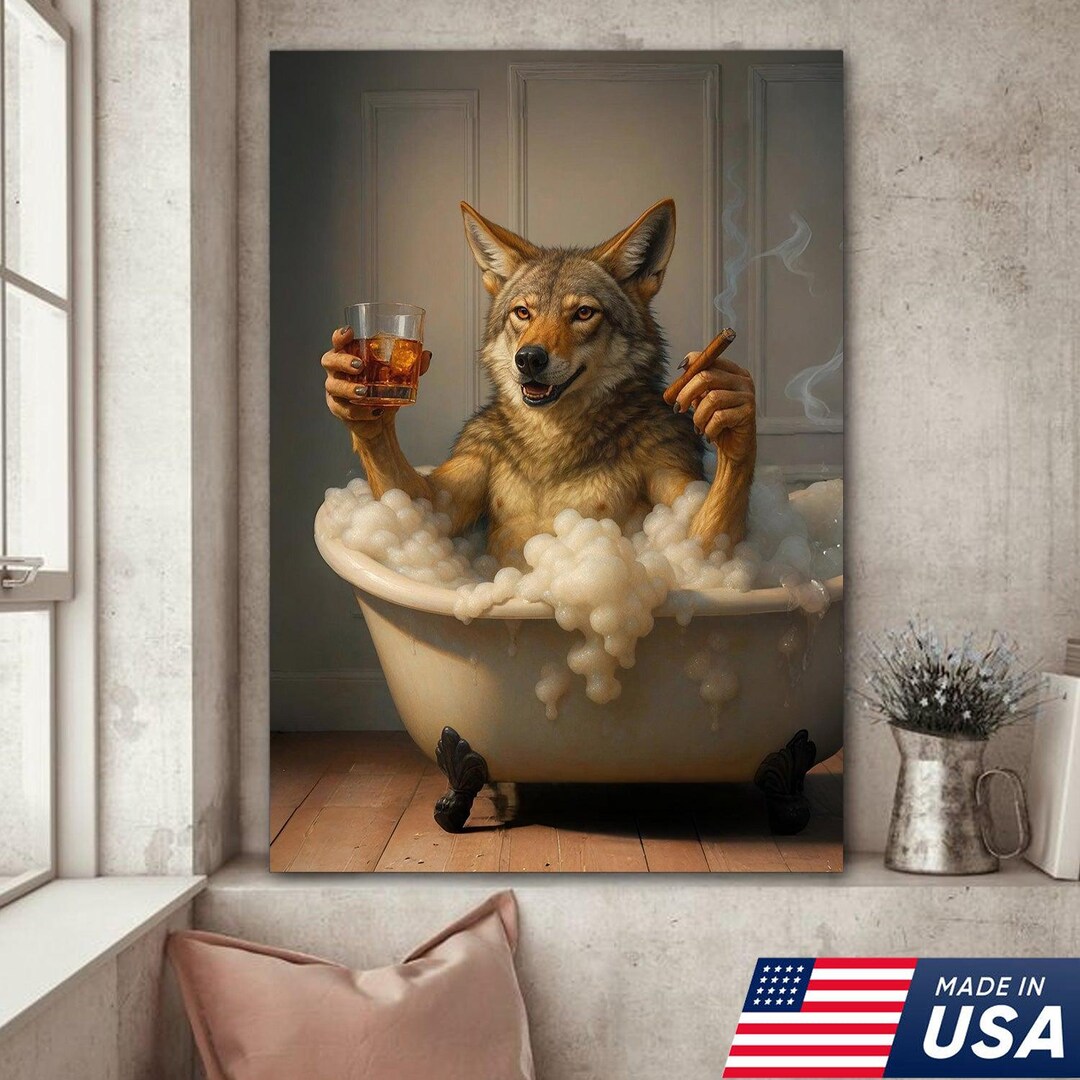 Wolf Coyote Chilling in Bubble Bath Canvas Wall Art – Whimsical ...