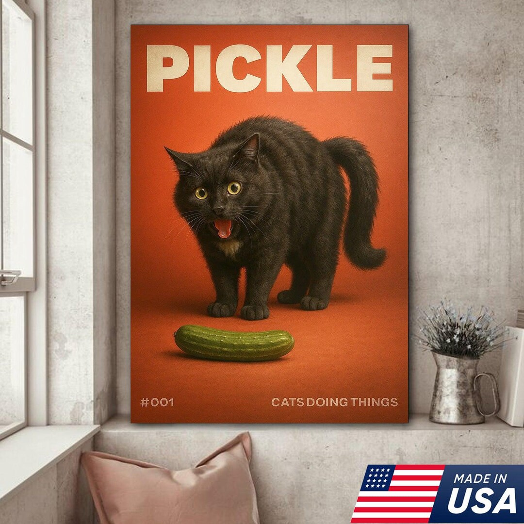 Funny Black Cat Pickle Wall Art Canvas, Scared Cat Cucumber Meme Poster ...