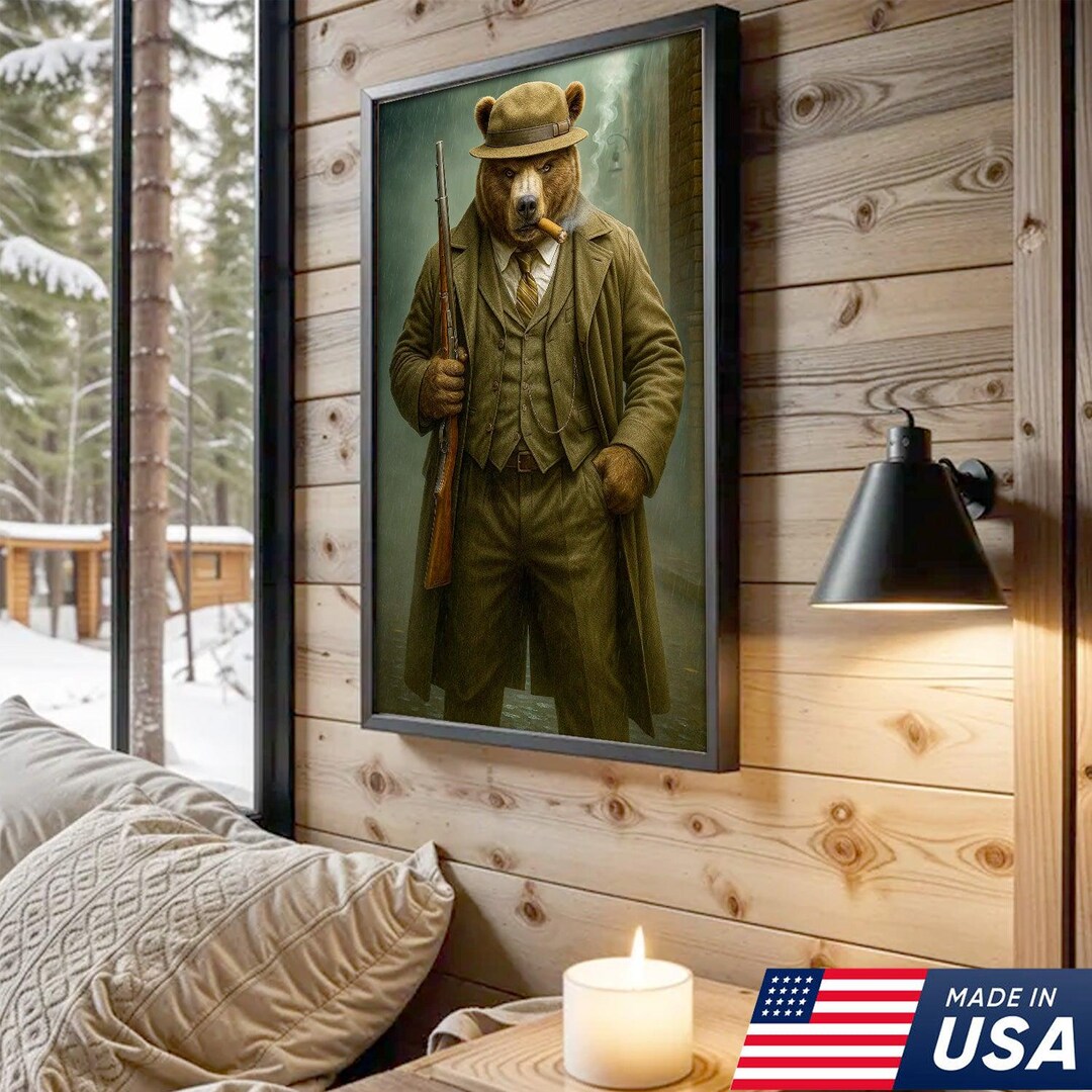 Vintage Gangster Bear Canvas Wall Art, Mobster Animal Portrait, Rustic ...