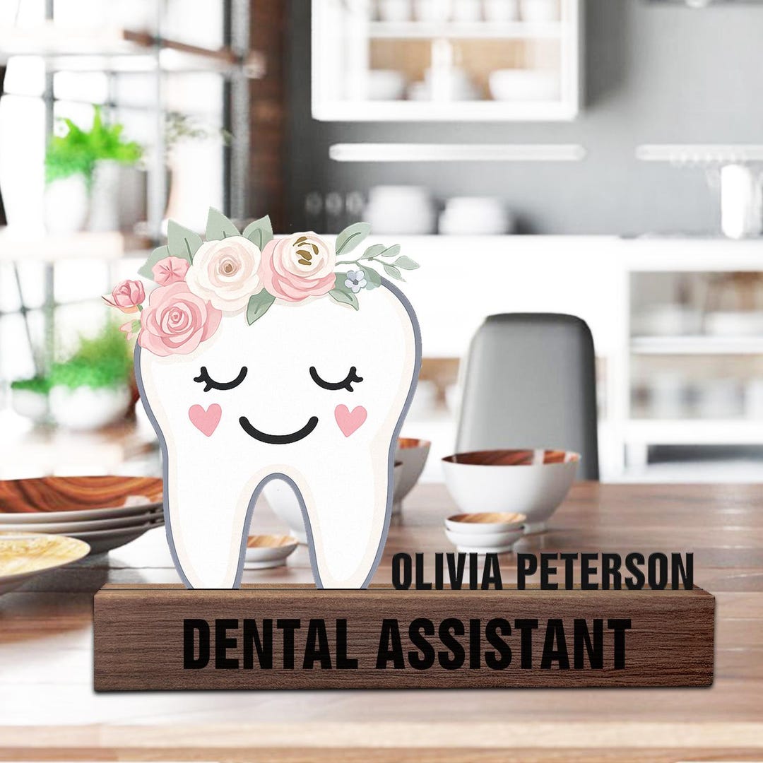 Custom Floral Tooth Desk Name Plate, Cute Wooden Office Sign With Rose ...