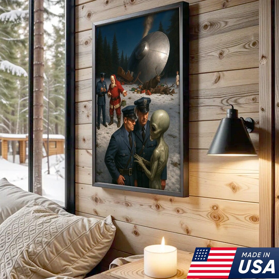 Santa UFO Crash Scene Canvas Wall Art, Alien Talks to Police, Funny ...