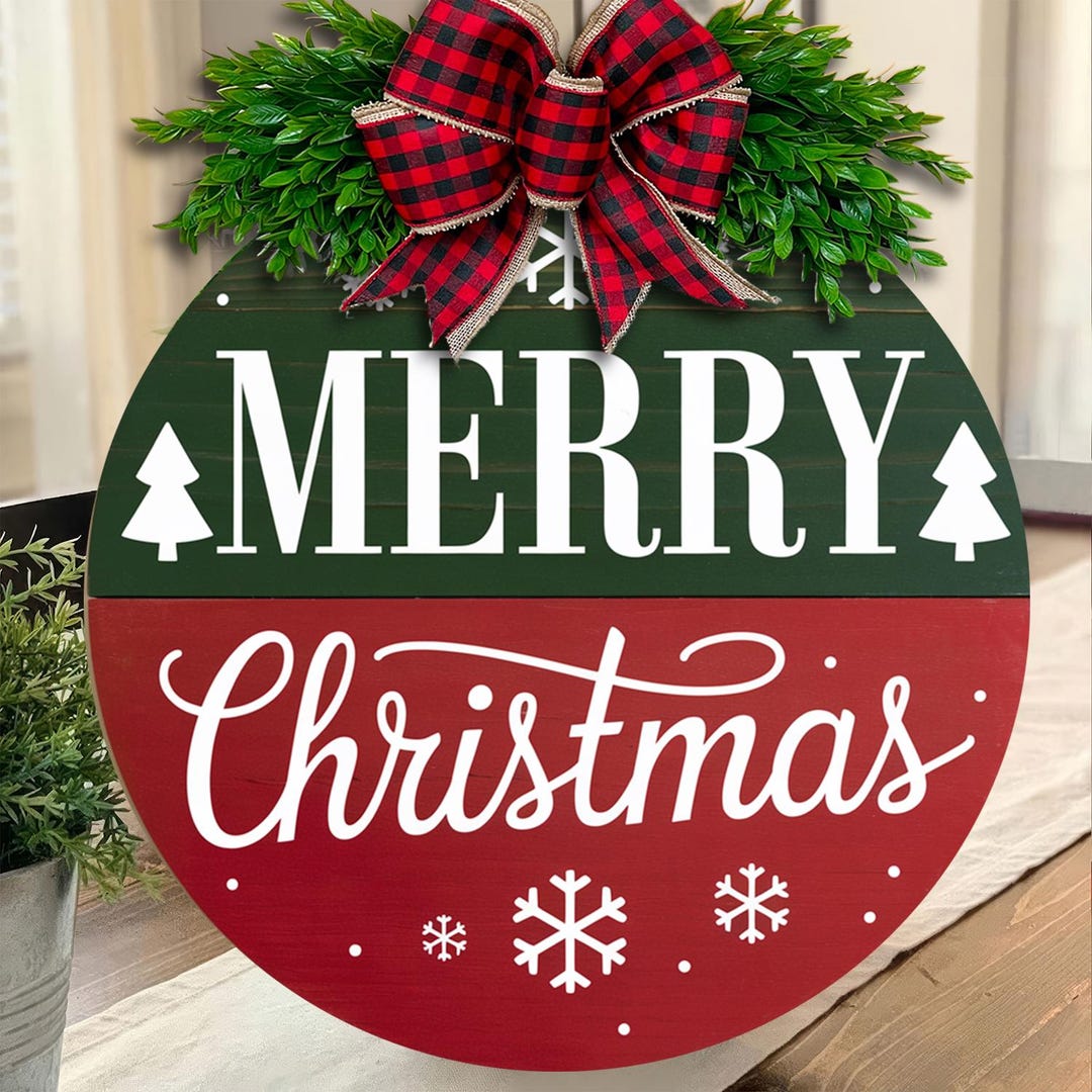 Rustic Merry Christmas Door Sign With Buffalo Plaid Bow, Farmhouse ...