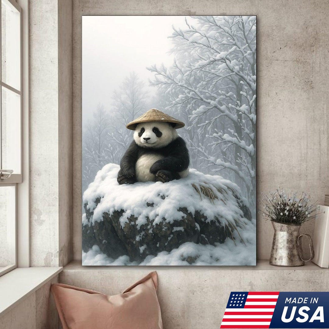 Winter Panda Canvas Wall Art, Cute Panda in Asian Hat Snowy Forest ...