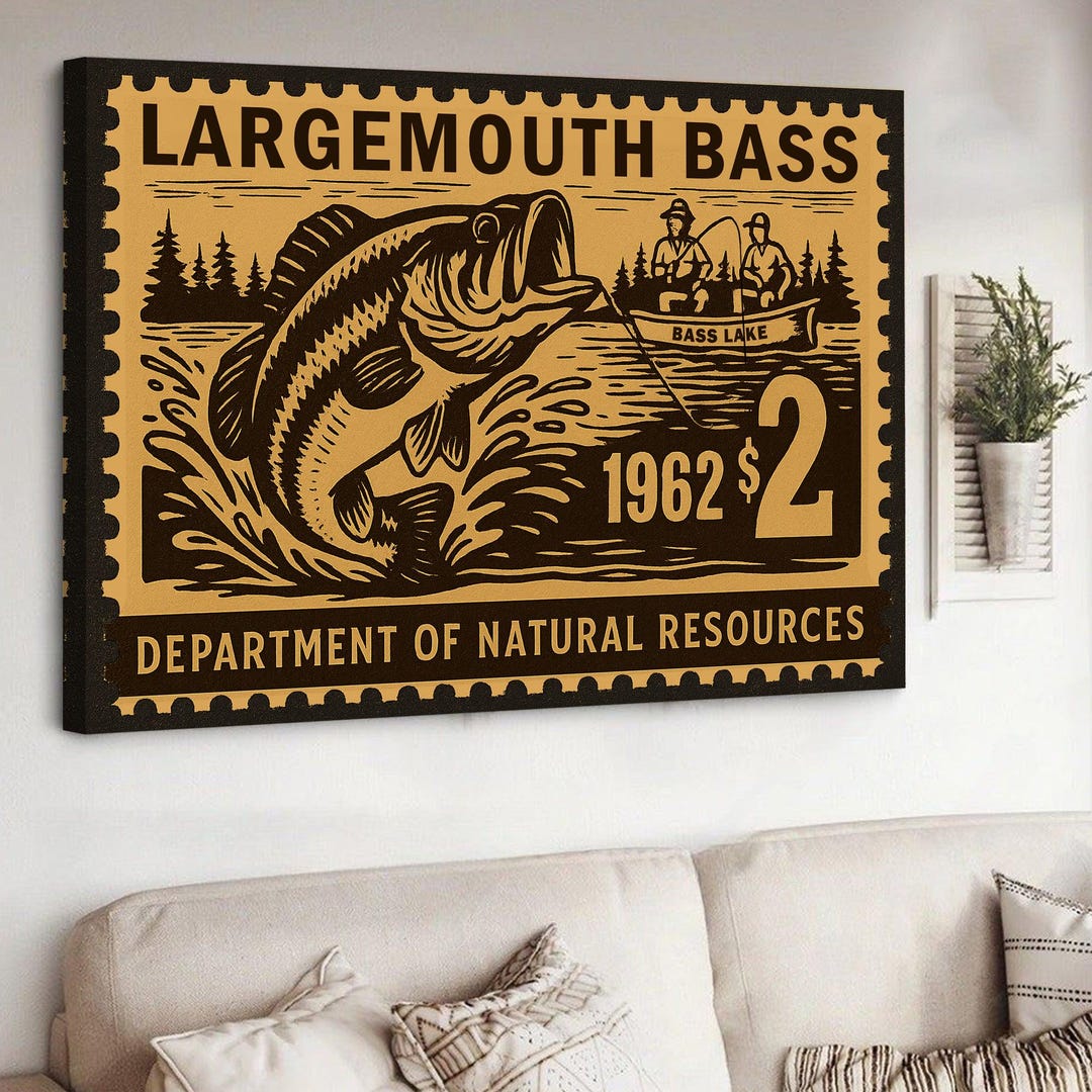 Vintage Largemouth Bass Fishing Stamp Canvas – Retro 1962 Wall Art for ...