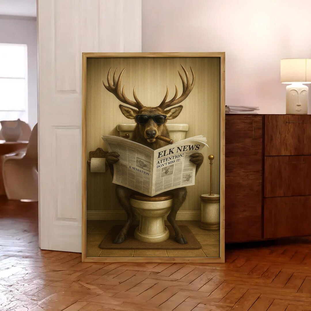 Funny Elk Bathroom Wall Art – Hunting Lodge Decor for Men - Wildlife ...