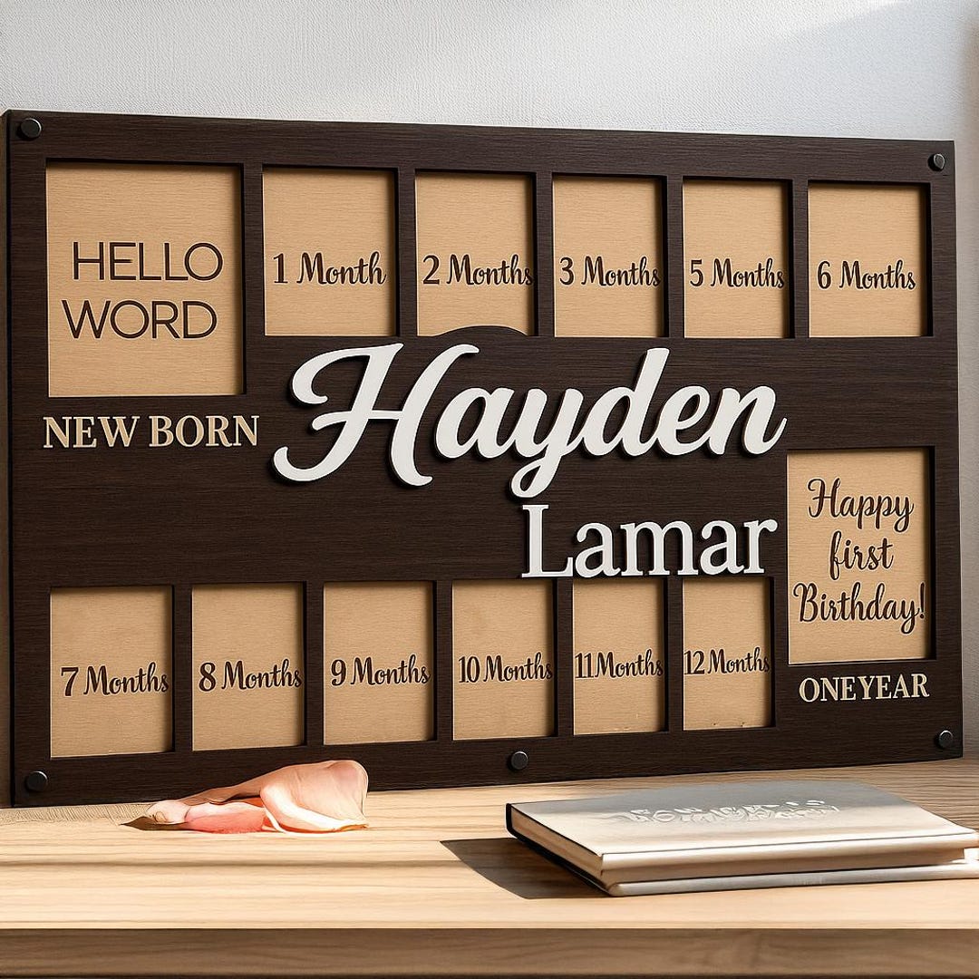 Personalized Wooden Baby Milestone Photo Frame, 12 Month Picture ...