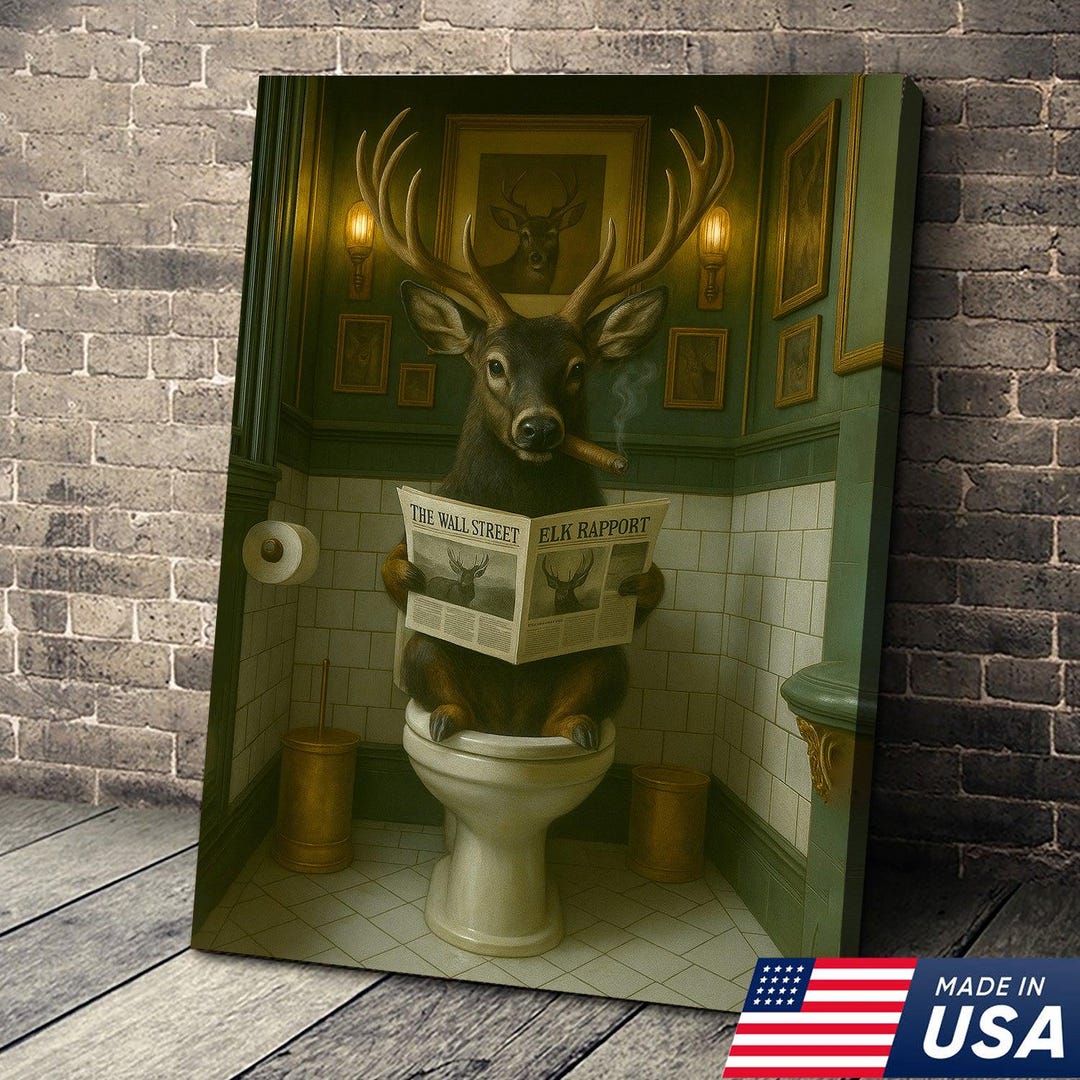 Black-tailed Deer on Toilet Canvas Wall Art – Unique Funny Bathroom ...