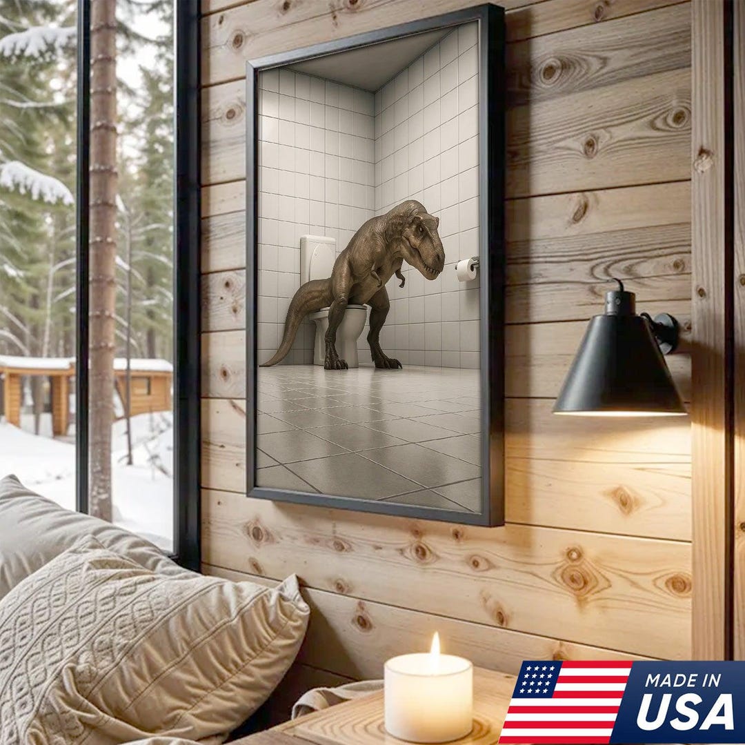 T-rex on Toilet Canvas Wall Art, Funny Dinosaur Bathroom Decor, Kids ...