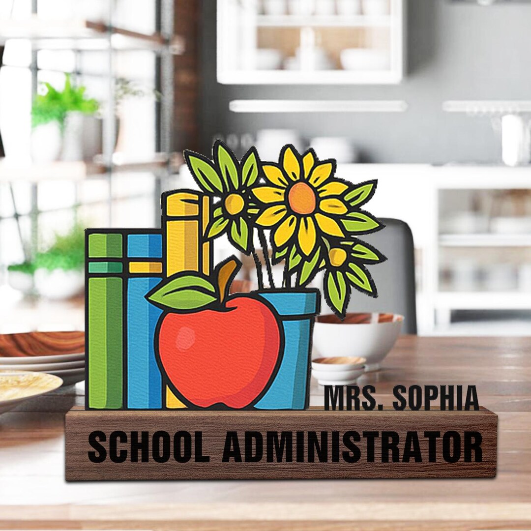 Personalized Teacher Desk Name Plate With Books and Sunflower Pot ...