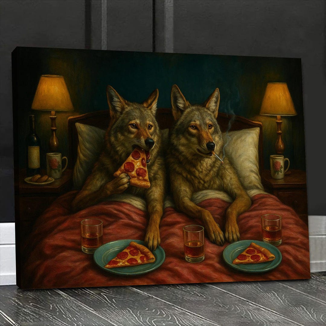 Whimsical Wolf Coyote Couple Pizza Night Canvas Wall Art – Cozy Bed ...