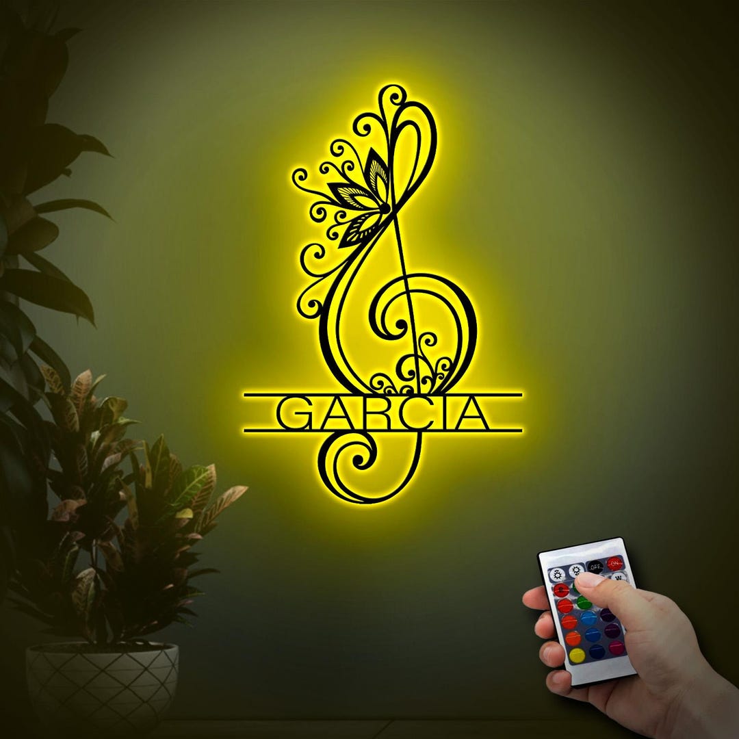 Custom Music Note Metal Wall Art Led Light, Treble Clef Name Sign ...