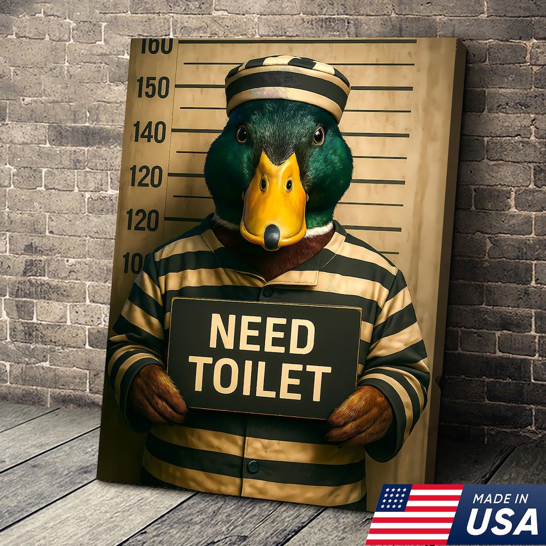 Funny Duck Mugshot Canvas – Bathroom Wall Art for Men, Toilet Humor ...