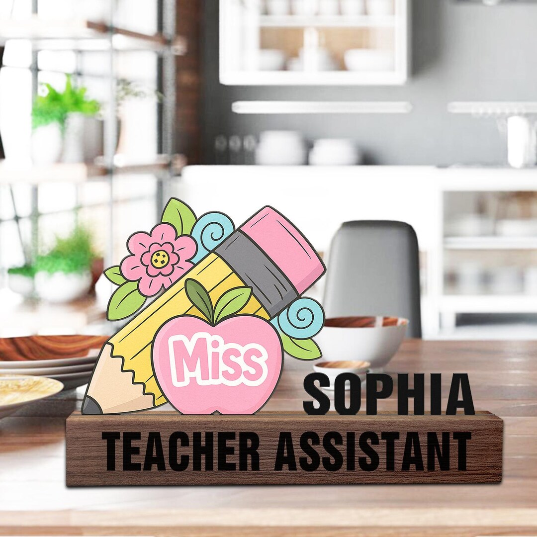 Custom Teacher Assistant Desk Name Plate, Cute Pencil and Floral Wooden ...