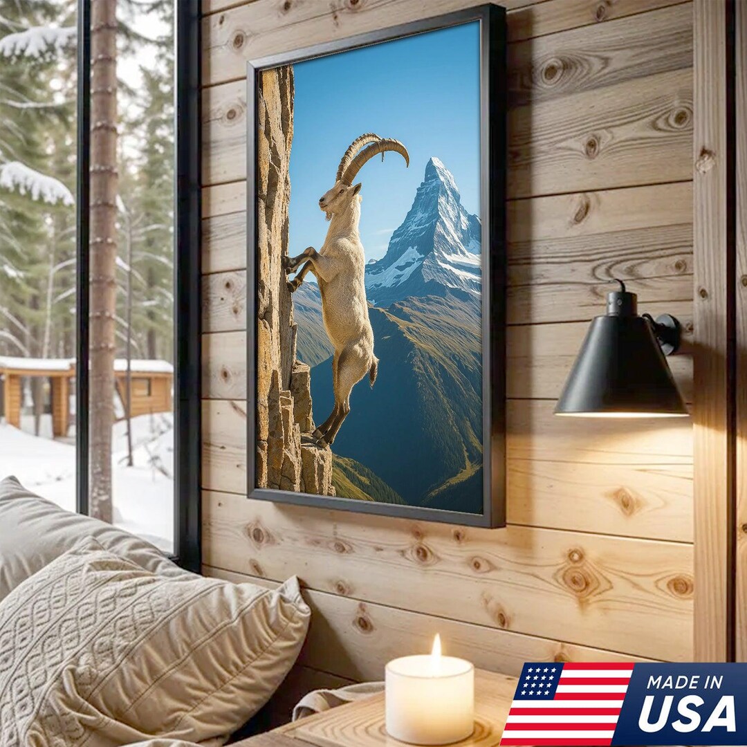 Alpine Ibex Climbing Cliff Canvas Wall Art, Matterhorn Mountain ...