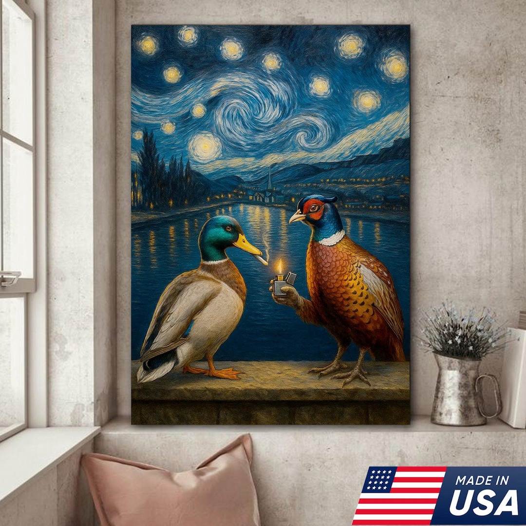 Starry Night Duck and Pheasant Canvas Wall Art, Van Gogh Inspired ...