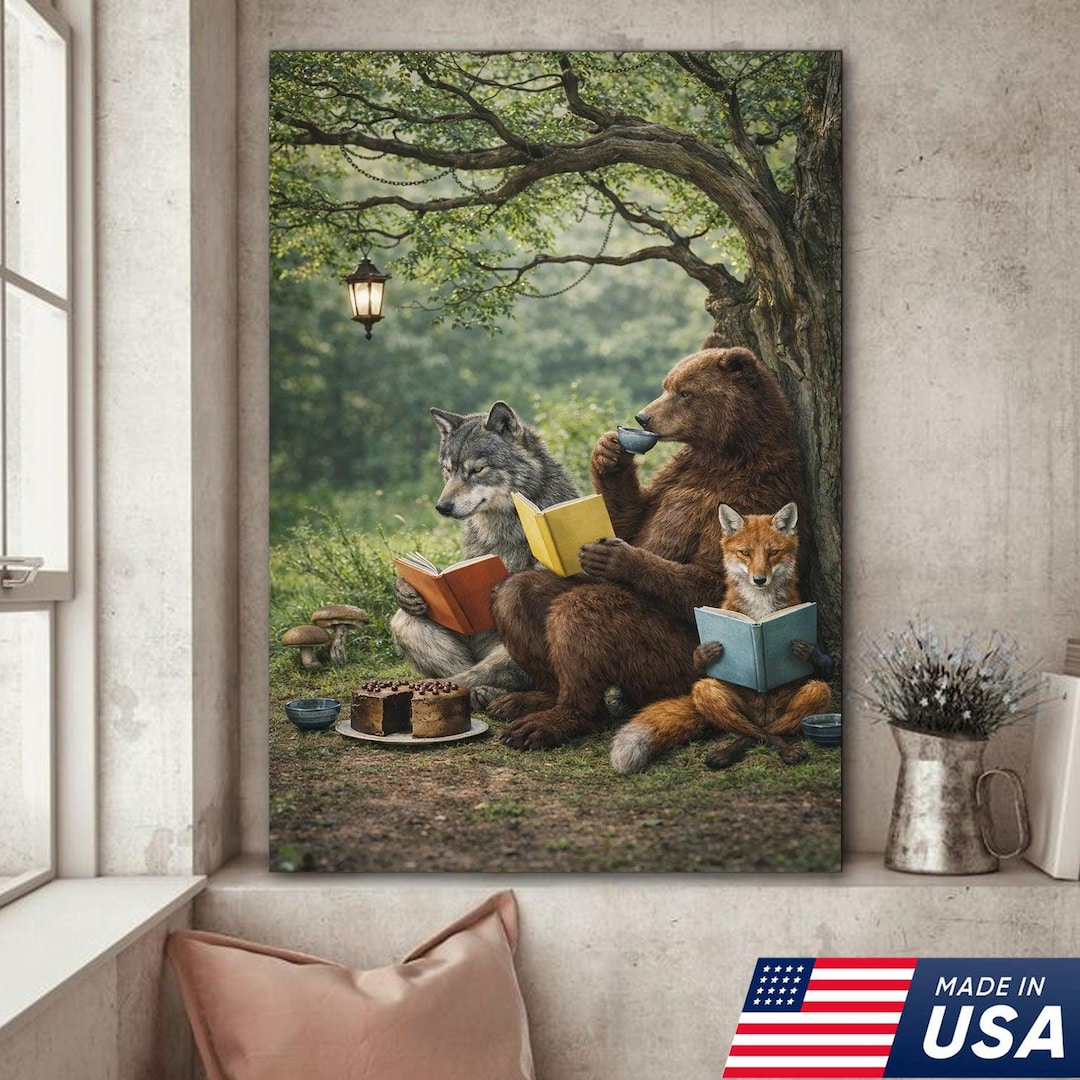 Whimsical Woodland Animals Reading Canvas Wall Art, Bear Wolf Fox ...