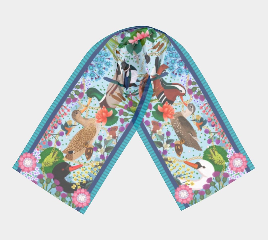 Luxurious Long Silk Scarf, Blue, Swans, Ducks, Kingfisher, Wild ...