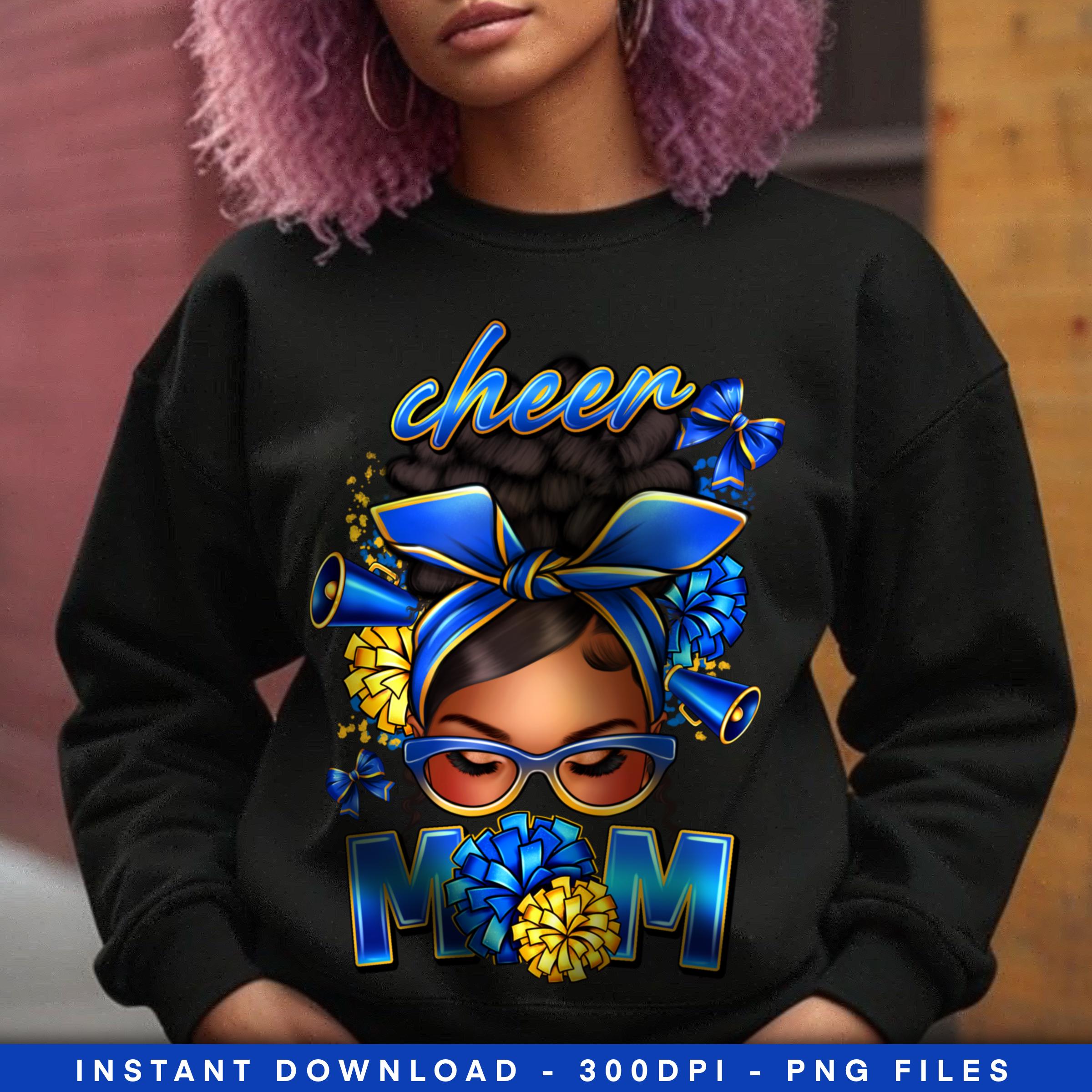 Afro Cheer Mom Messy Bun PNG: Blue Team Sublimation Design (digital ...