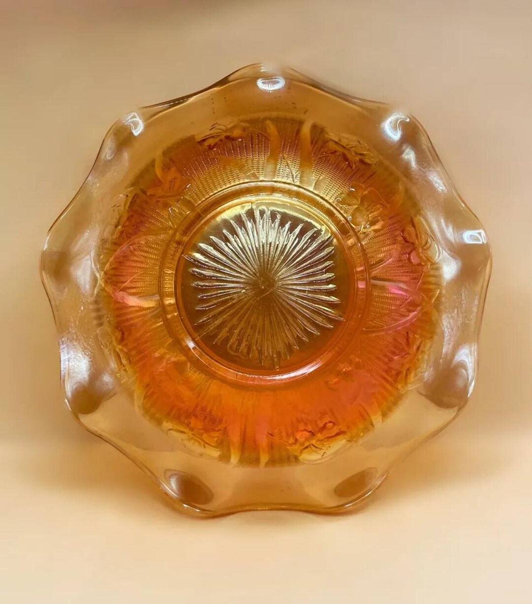 Depression Carnival Glass Jeannette Iris Herringbone 12" Bowl Marigold ...