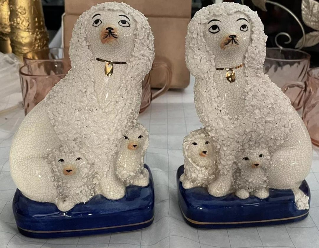 Unique Pair of Staffordshire Confetti White Poodles Cobalt Blue Base ...