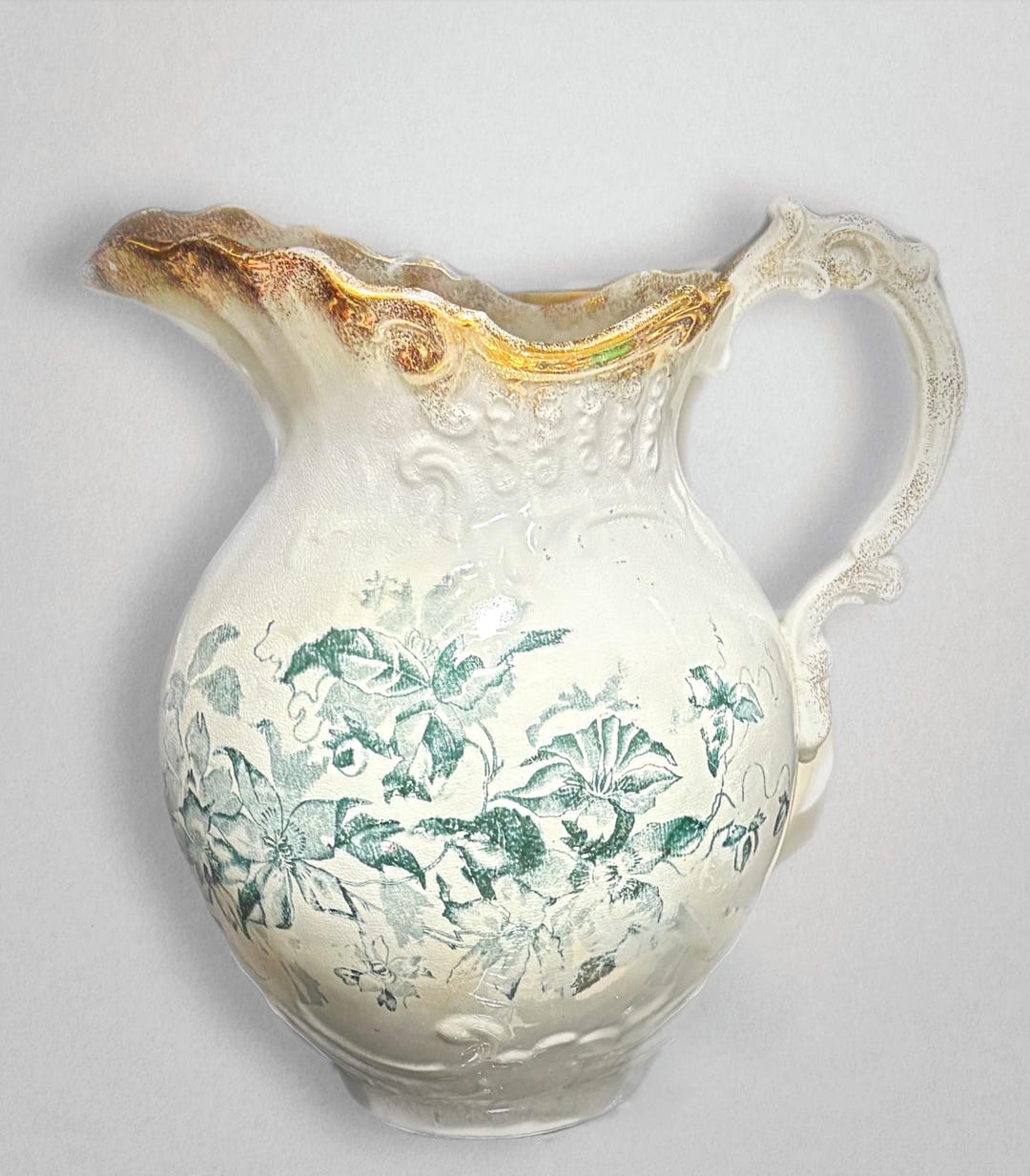 Large 11” Tall Antique Vintage Green Transferware Pitcher Jug Teal by ...