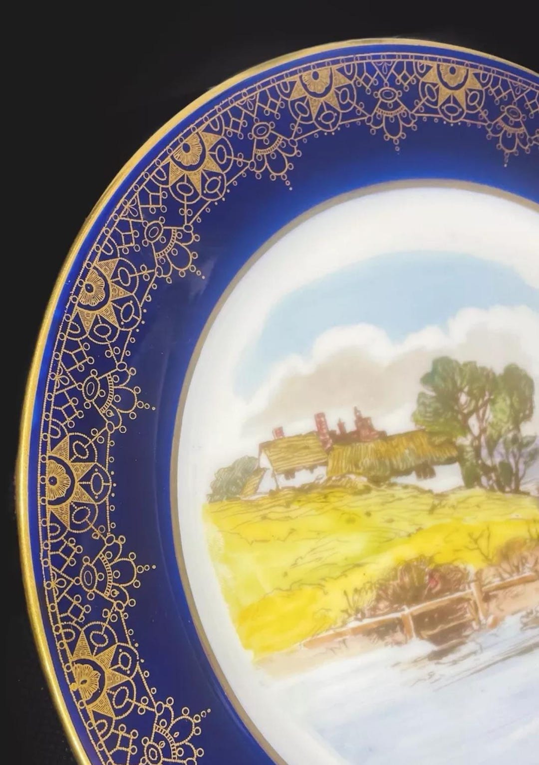 Minton Cobalt and Gilded Hand Painted Scenic 8” Plate England Cabinet ...