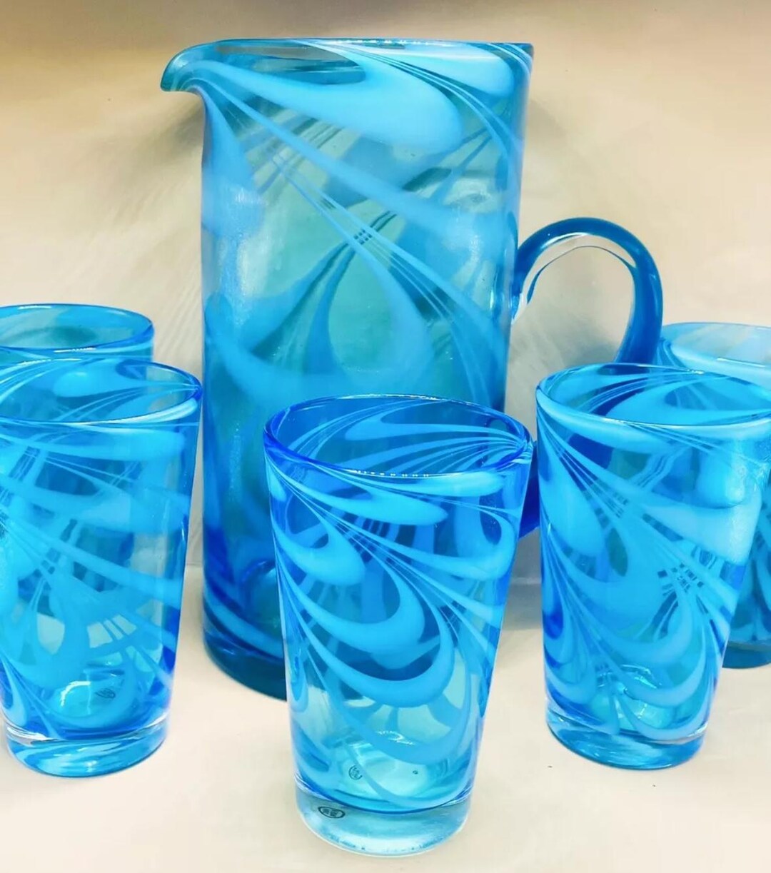 Mexican Blue Swirl Glass Pitcher & 5 Cups Fenton Like Opalescent Swirl ...