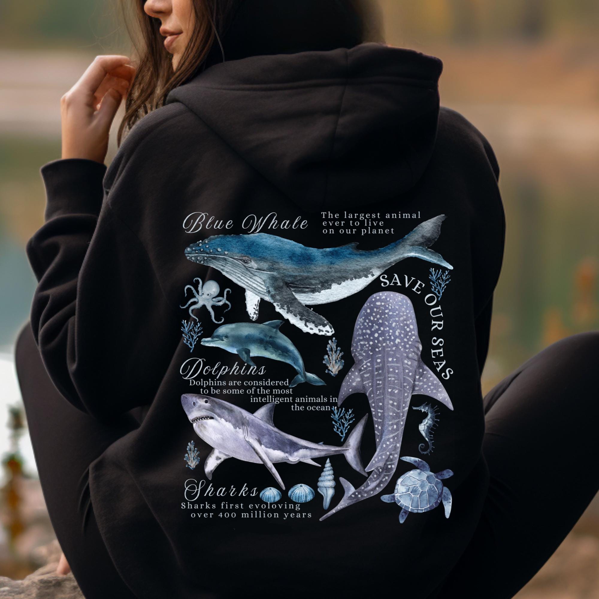 Retro Blue Whale Hoodie 90's Graphic Sweatshirt Shark Ocean Pullover ...