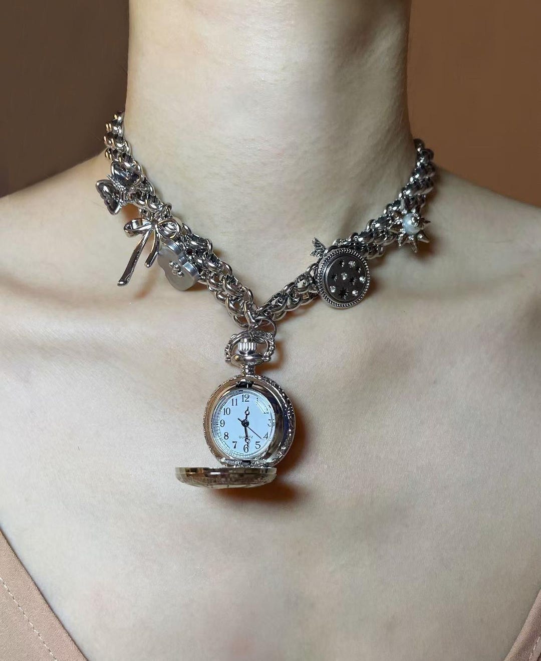 Round Pocket Watch Necklace,punk Clock Necklace With Button Charms,y2k ...