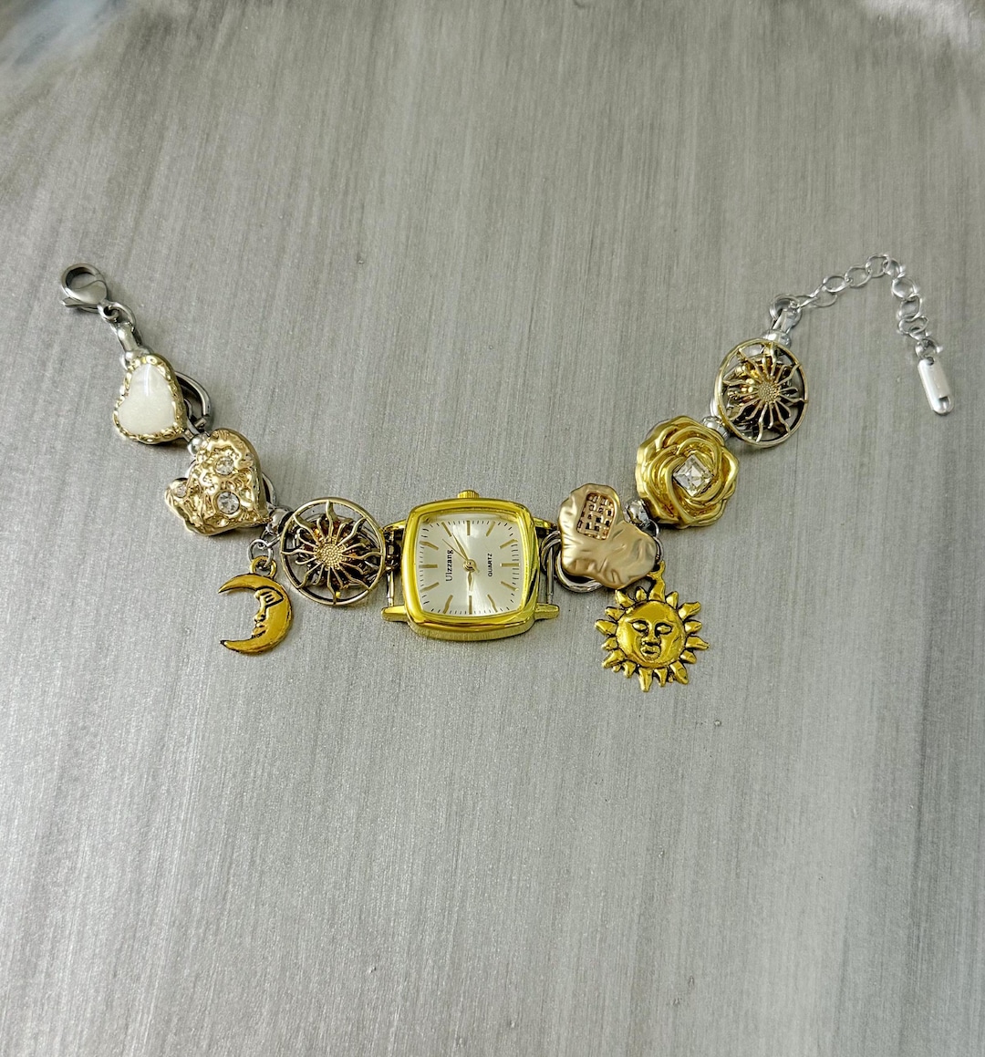 Gold Wrist Watch,sun and Moon Charms Small Watch,button Beaded Jewelry ...