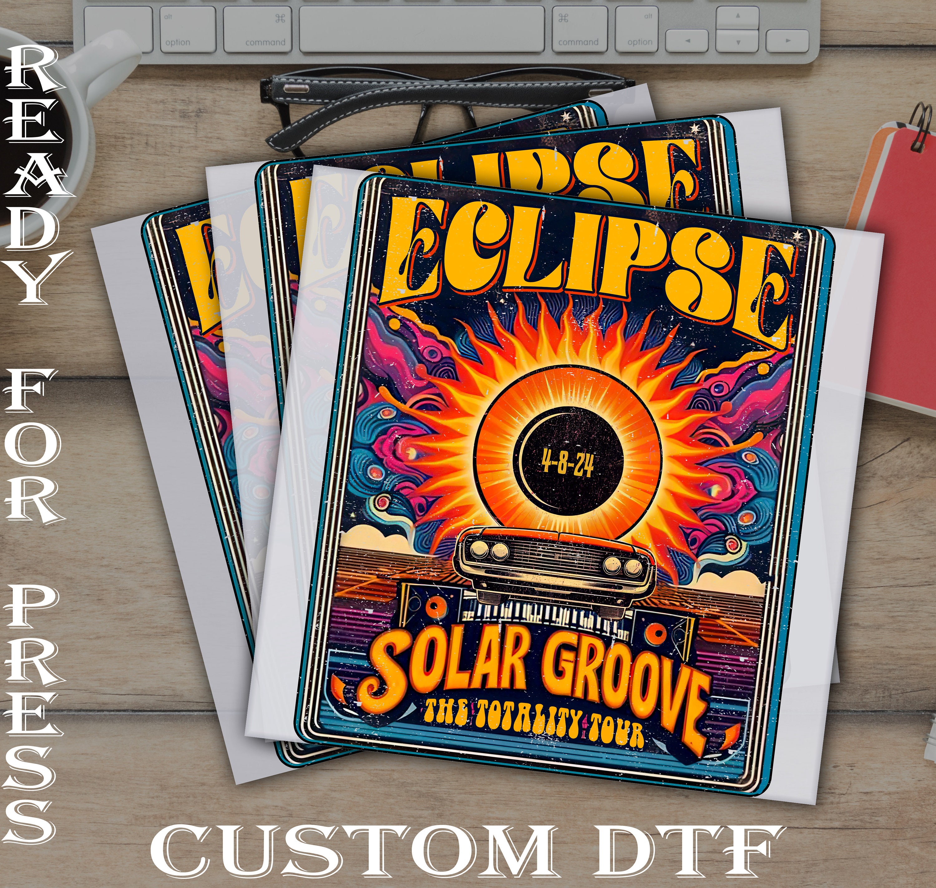 Retro Solar Eclipse 2024 Ready to Press, Solar Eclipse 4 8 24 Dtf Transfer, Custom Dtf Transfers ...