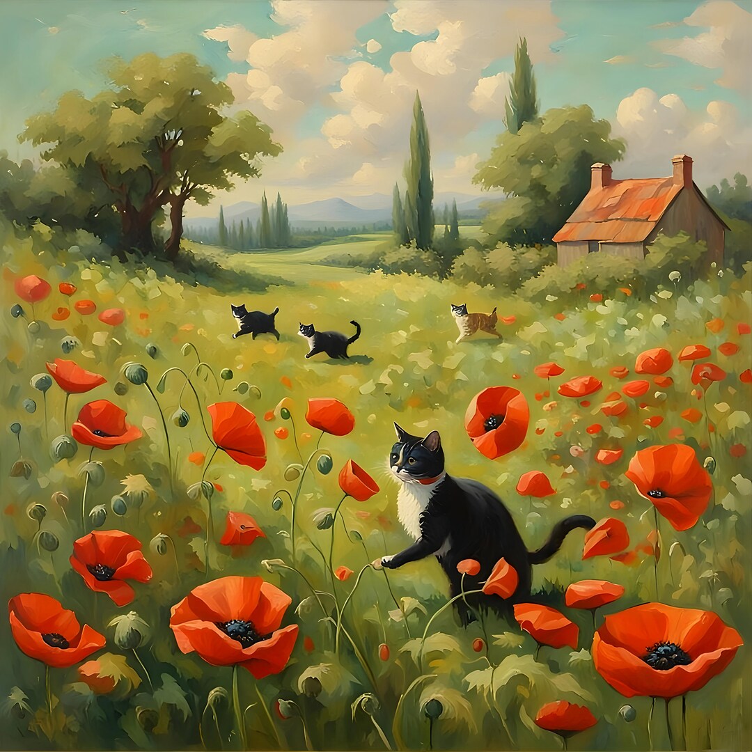 Cats Playing in a Poppy Field Printable Wall Art Vintage Painting Home ...