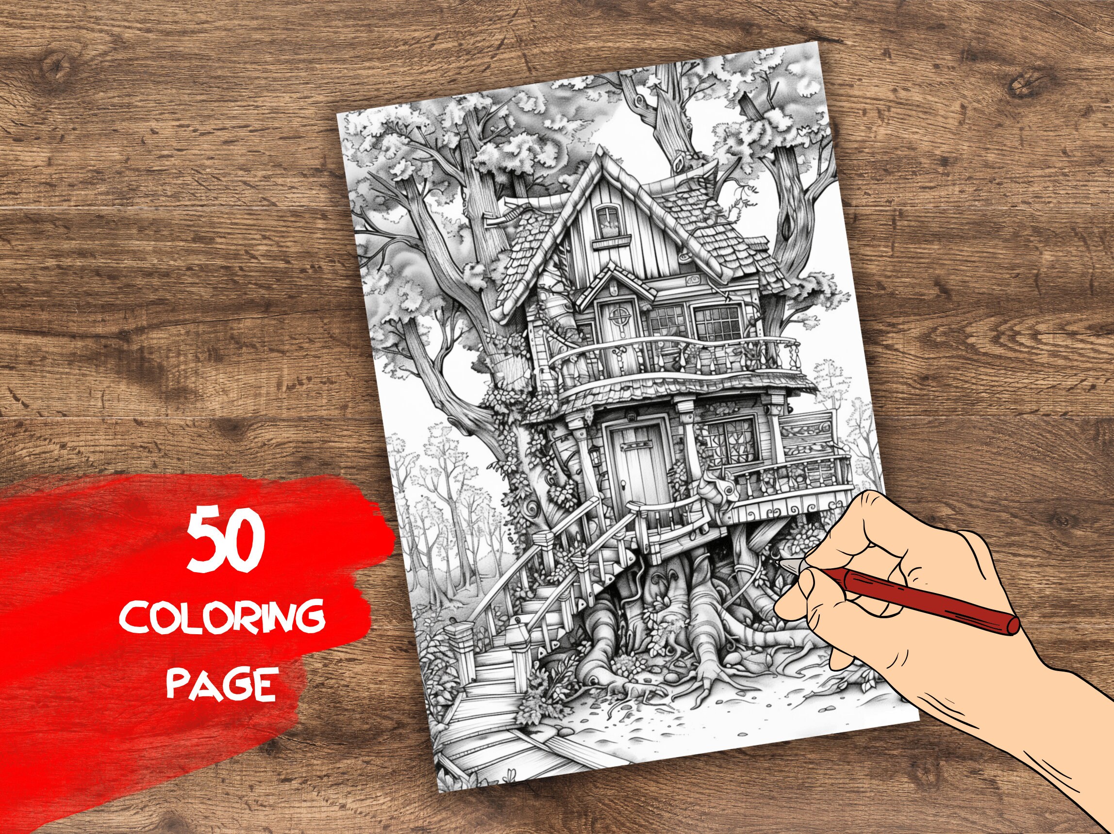 50 Fantastic Tree House Coloring Pages ,adult and Kids Coloring Book ...