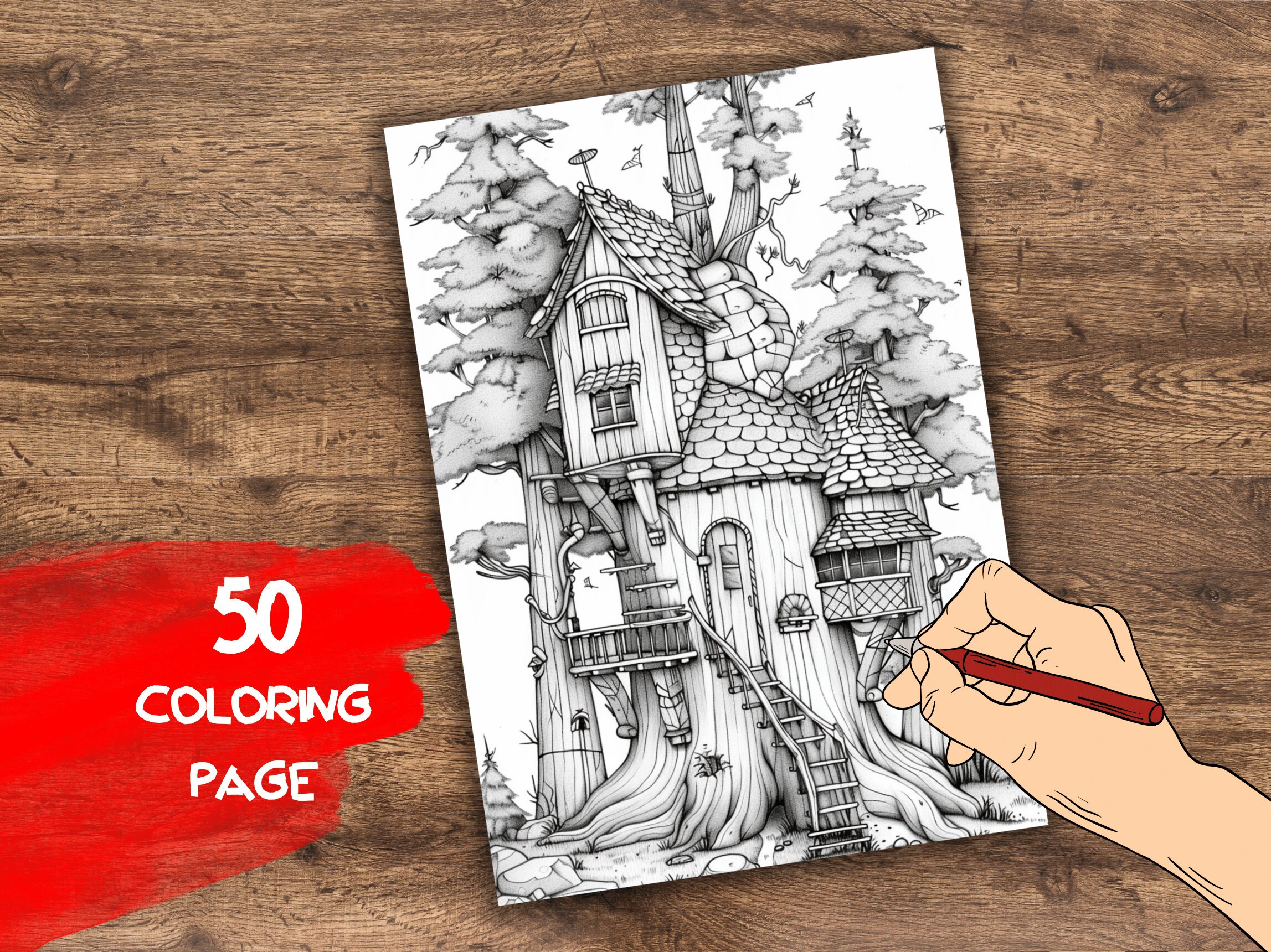 50 Fantastic Tree House Coloring Pages ,adult and Kids Coloring Book ...