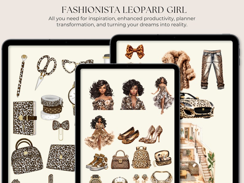 Leopard Black Girl Digital Stickers: Chic Planner Clipart (goodnotes ...