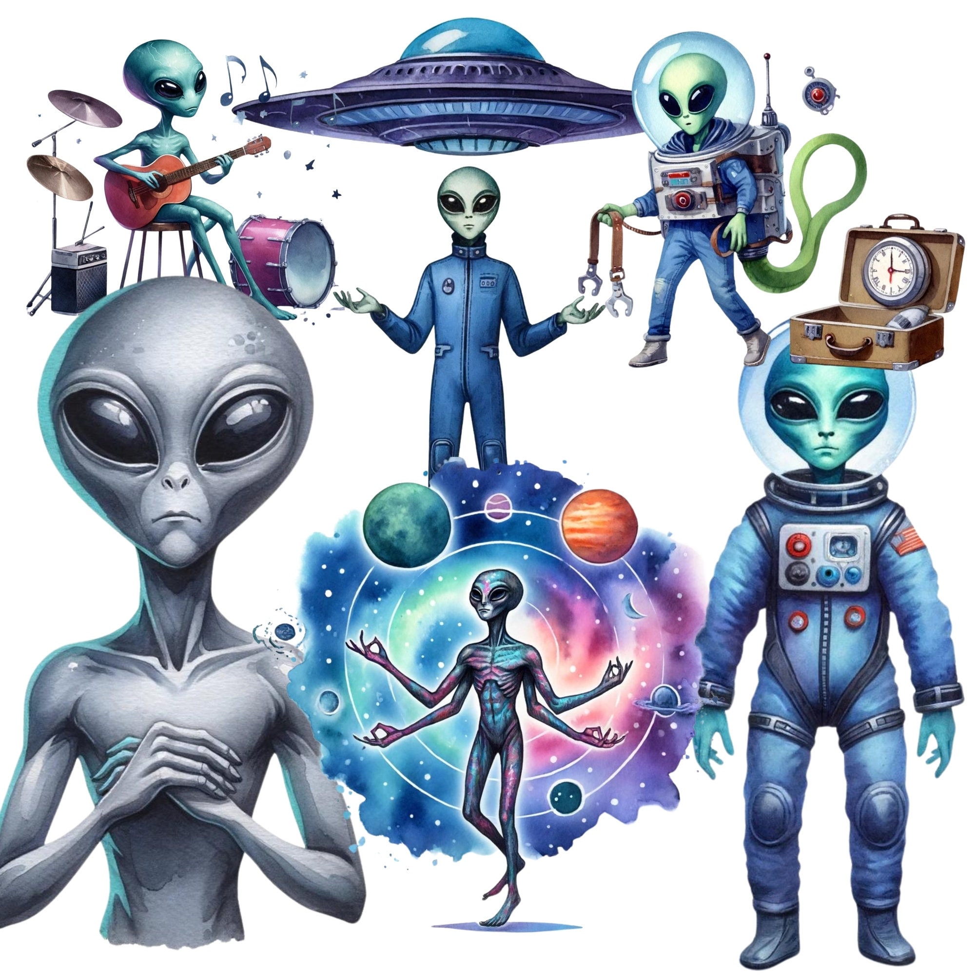 Watercolor Alien Png,back to School Clipart, Cute Aliens Clipart, Alien ...