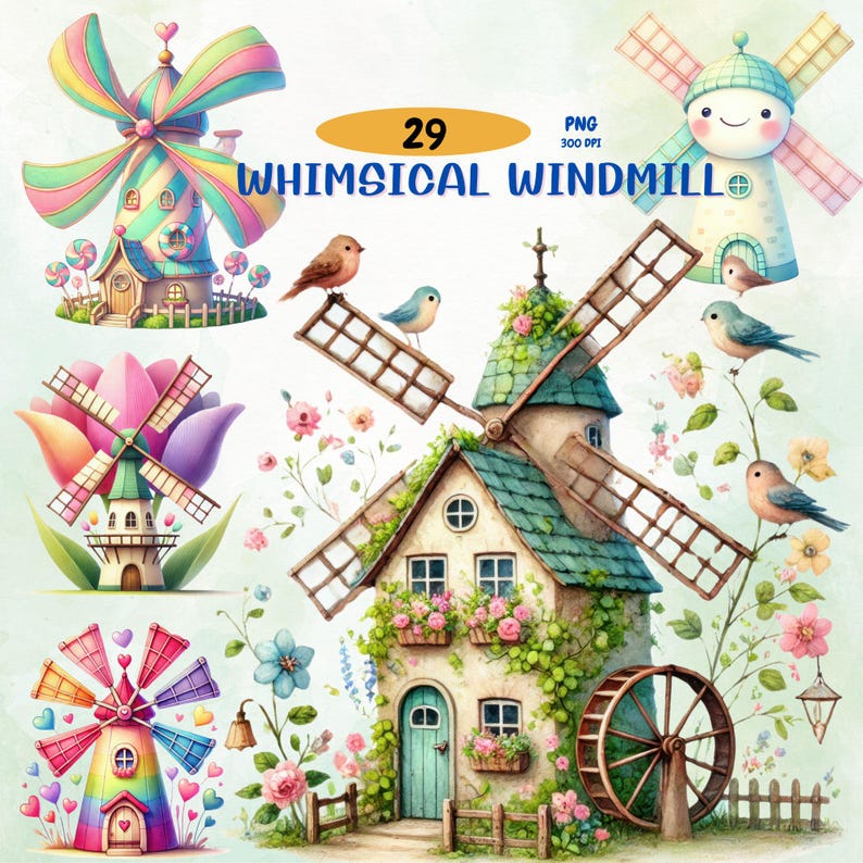 Whimsical Windmill Watercolor Clipart, Cottagecore Illustration ...