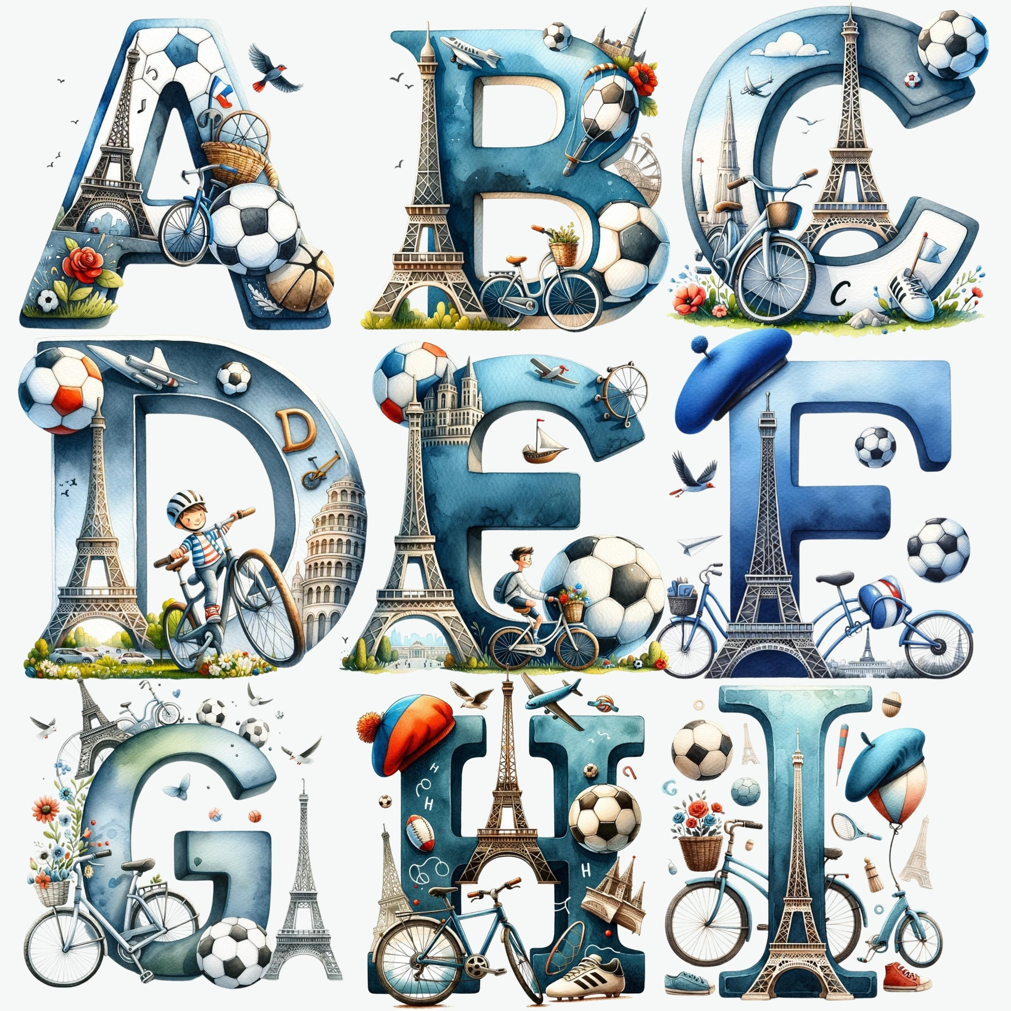 Watercolor Eiffel Tower Alphabet Clipart, Paris, Olympic, PNG ...