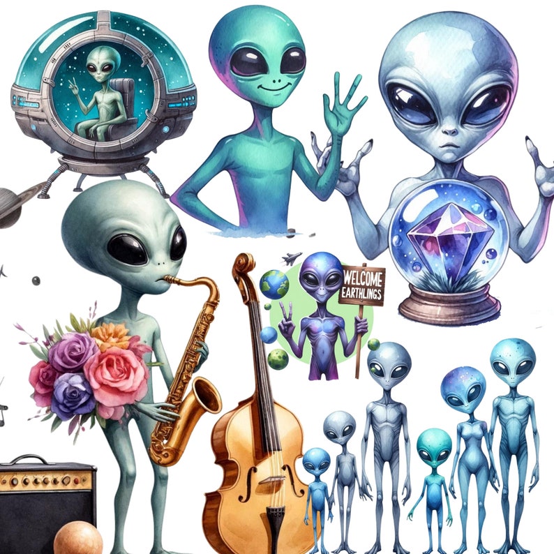 Watercolor Alien Png,back to School Clipart, Cute Aliens Clipart, Alien ...