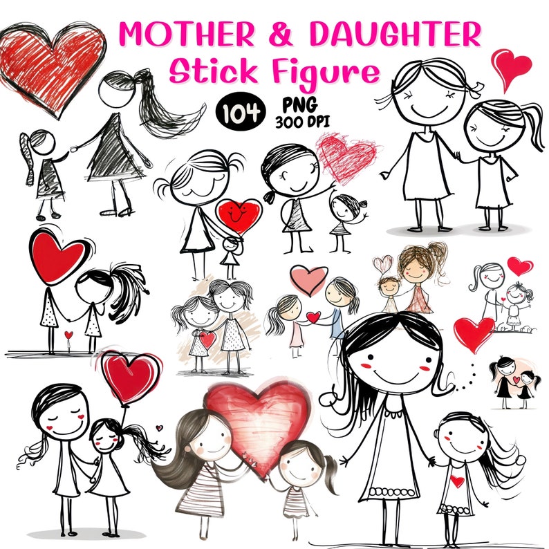 Stick Figures Svg Bundle, Stick Figure Png, Stick Mother and Daughter ...
