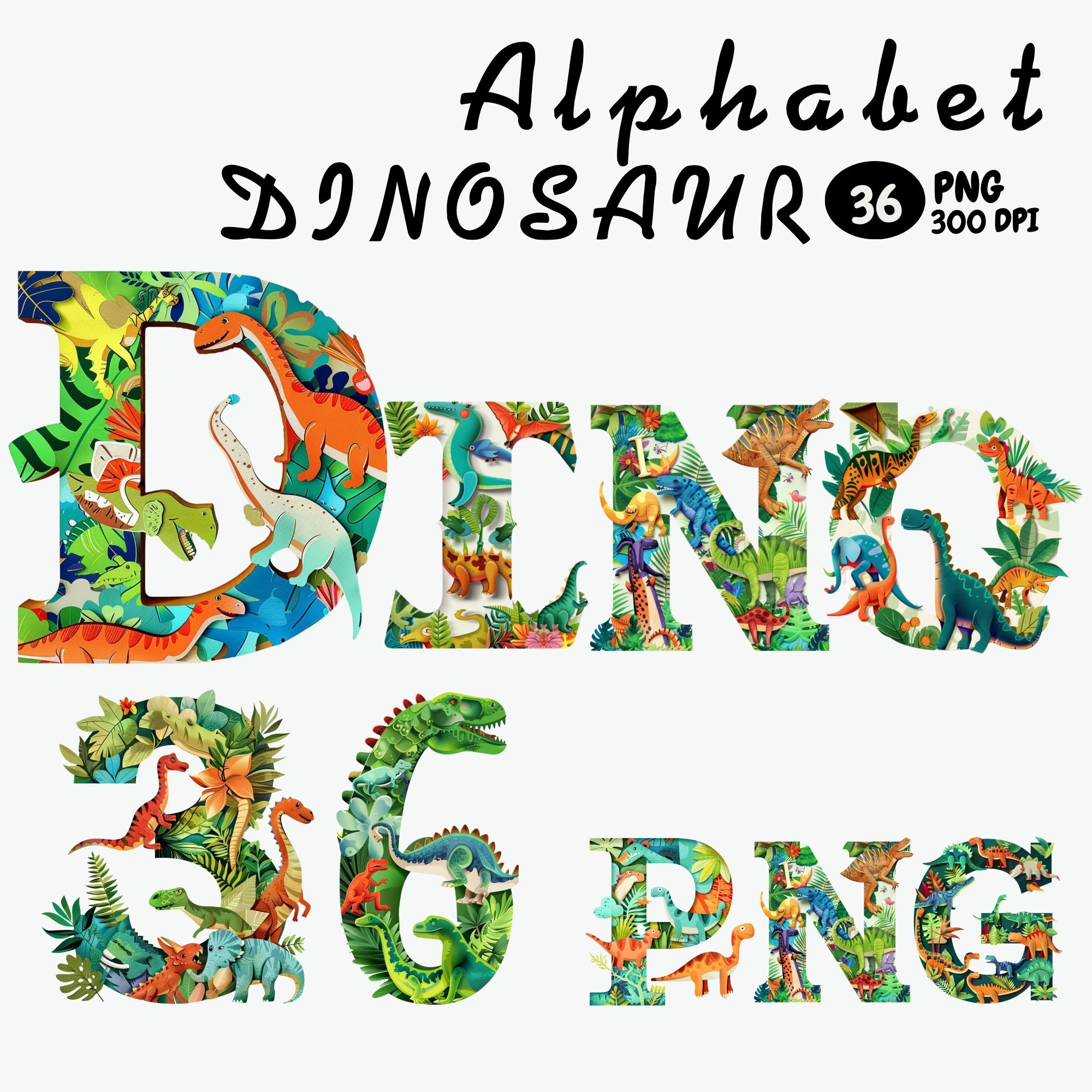Watercolor Dino Alphabet Clipart, PNG Individual Images on Transparent ...