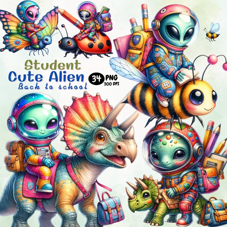 Watercolor Alien Student PNG, Back to School Clipart, Cute Aliens ...