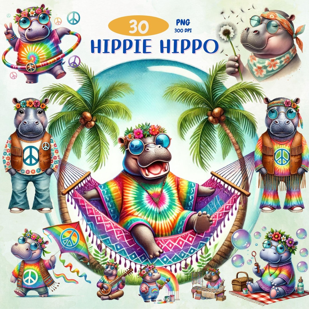 Watercolor Hippie Hippo, Wall Art, Boho Nursery Animal Print, Cute ...