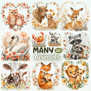 Watercolor Mama and Baby Animal Clipart, Baby Animals, Cute Animal PNG ...