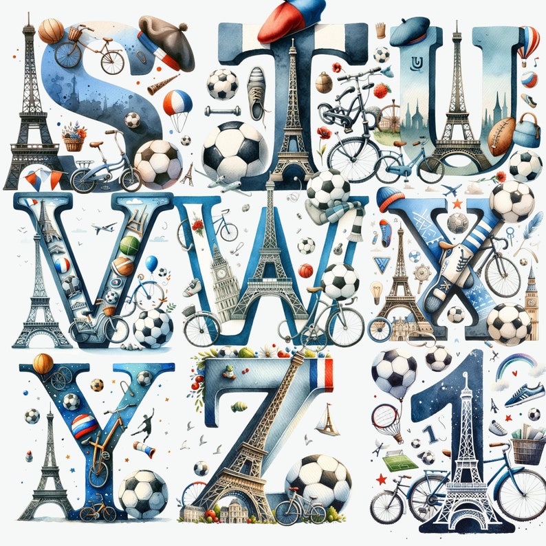 Watercolor Eiffel Tower Alphabet Clipart, Paris, Olympic, PNG ...