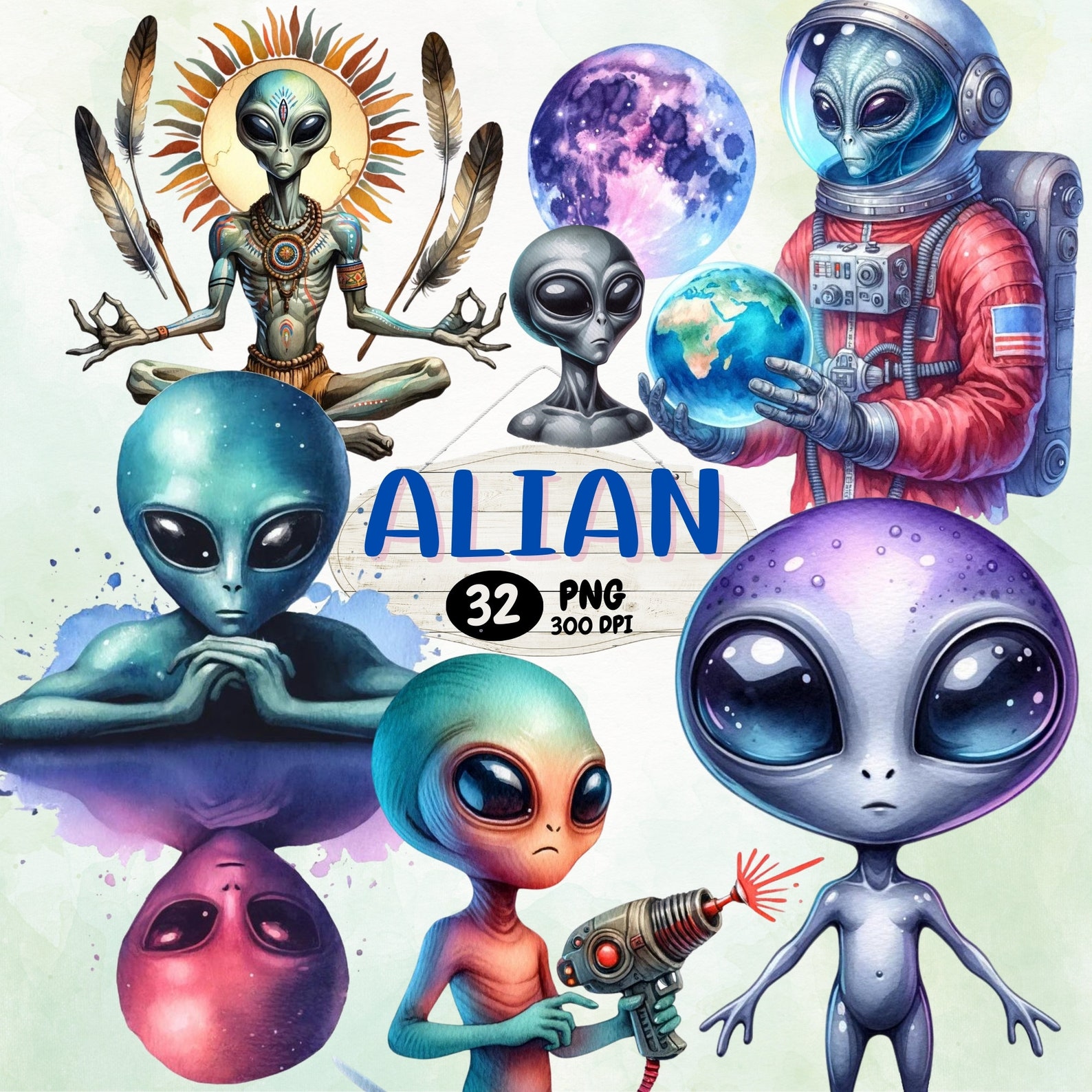 Watercolor Alien Png,back to School Clipart, Cute Aliens Clipart, Alien ...