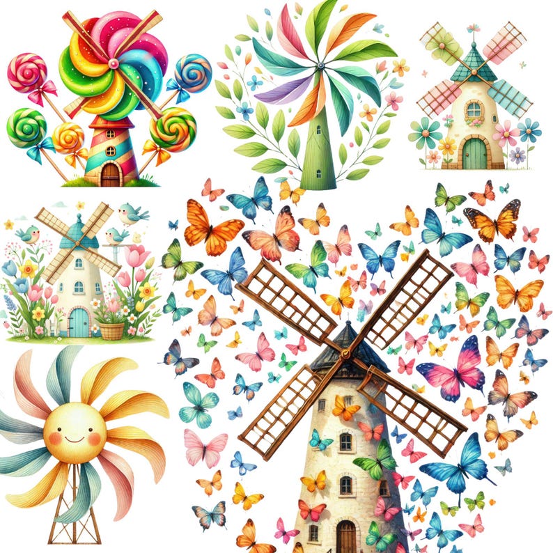 Whimsical Windmill Watercolor Clipart, Cottagecore Illustration ...
